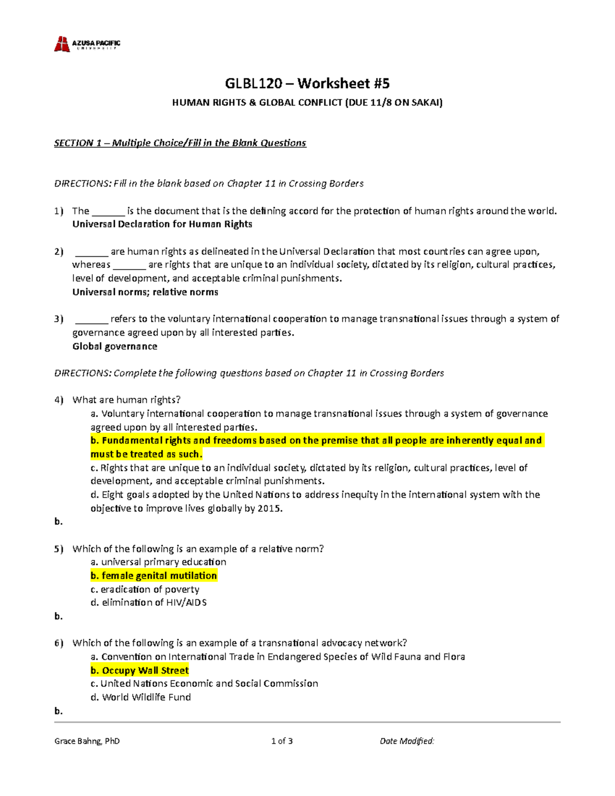 GLBL120 - Worksheet 5 - Human Rights and Global Conflict - GLBL120 ...