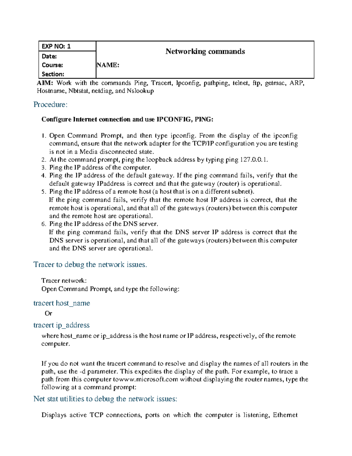 Activity 1 Laboratory Exp No 1 Networking Commands Name Date