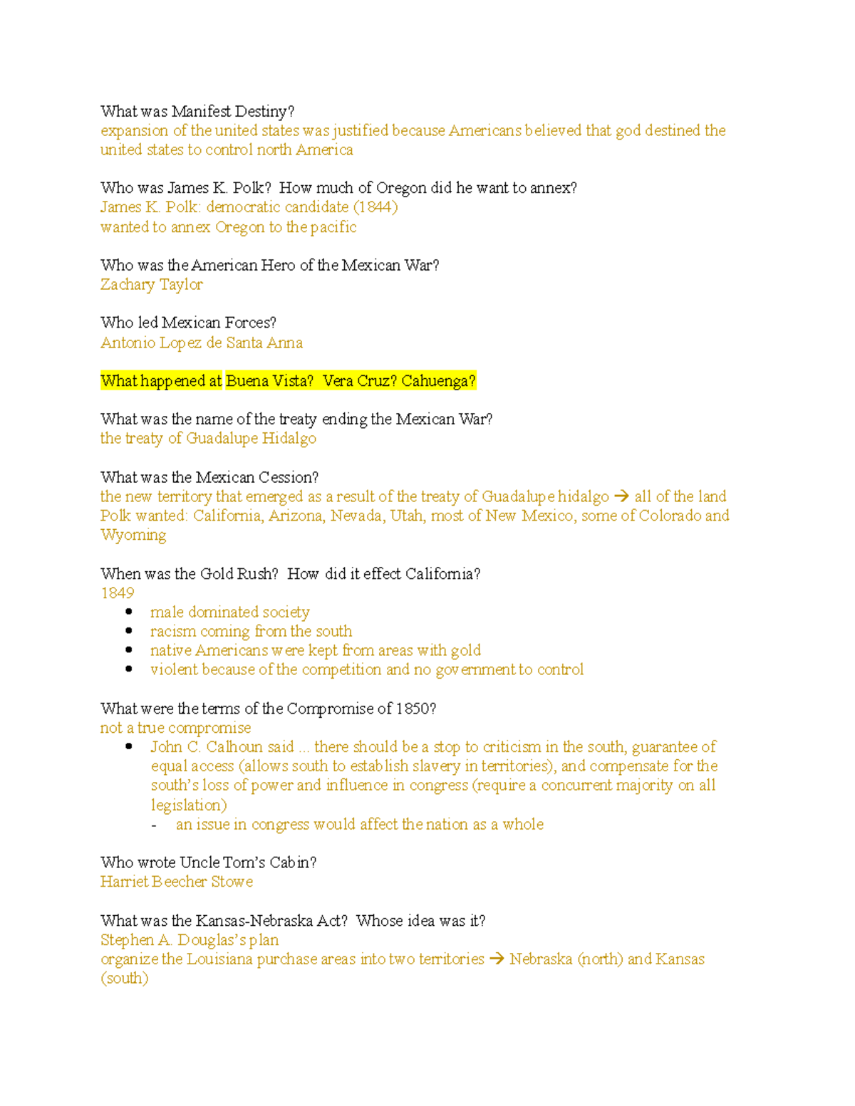 Midterm 2 study questions - What was Manifest Destiny? expansion of the ...