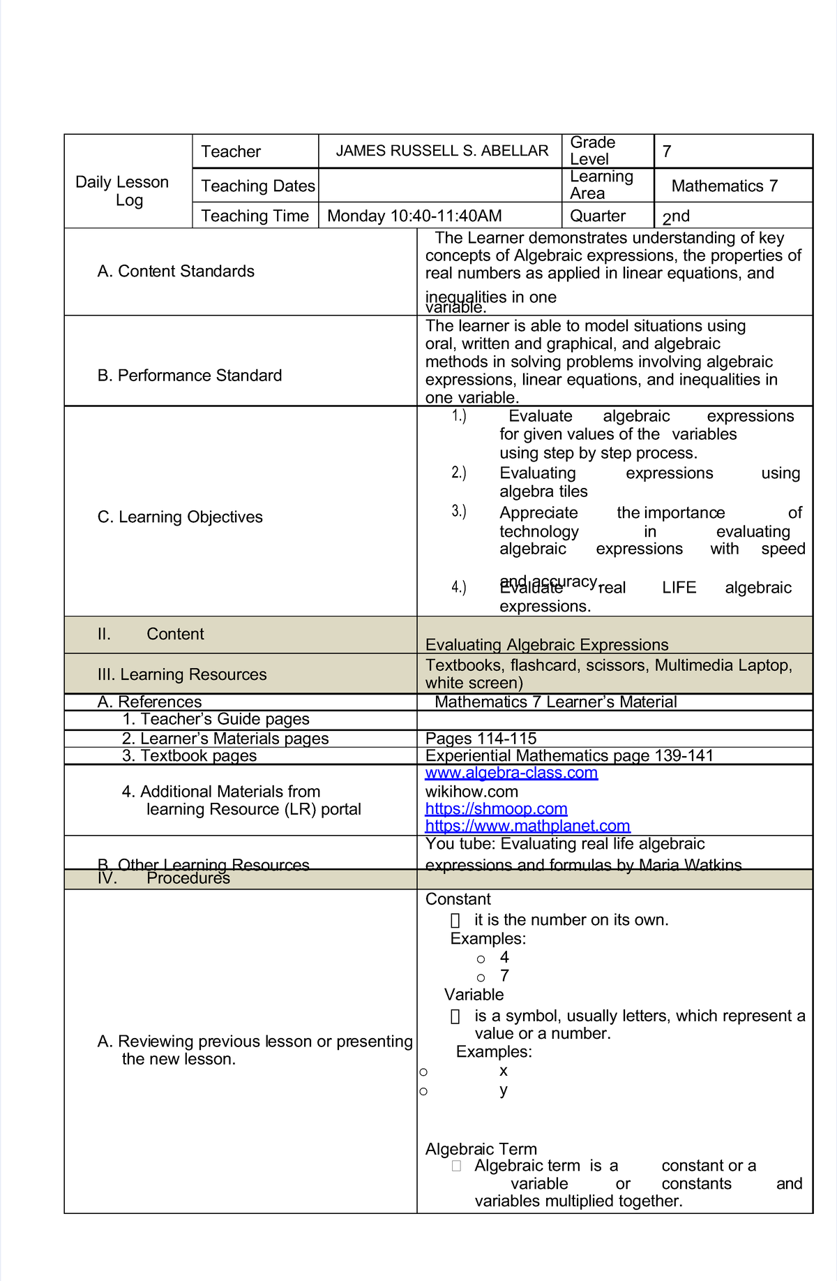 Pdf-dll-evaluating-algebraic-exp-g7-q2 compress - Daily LessonDaily ...