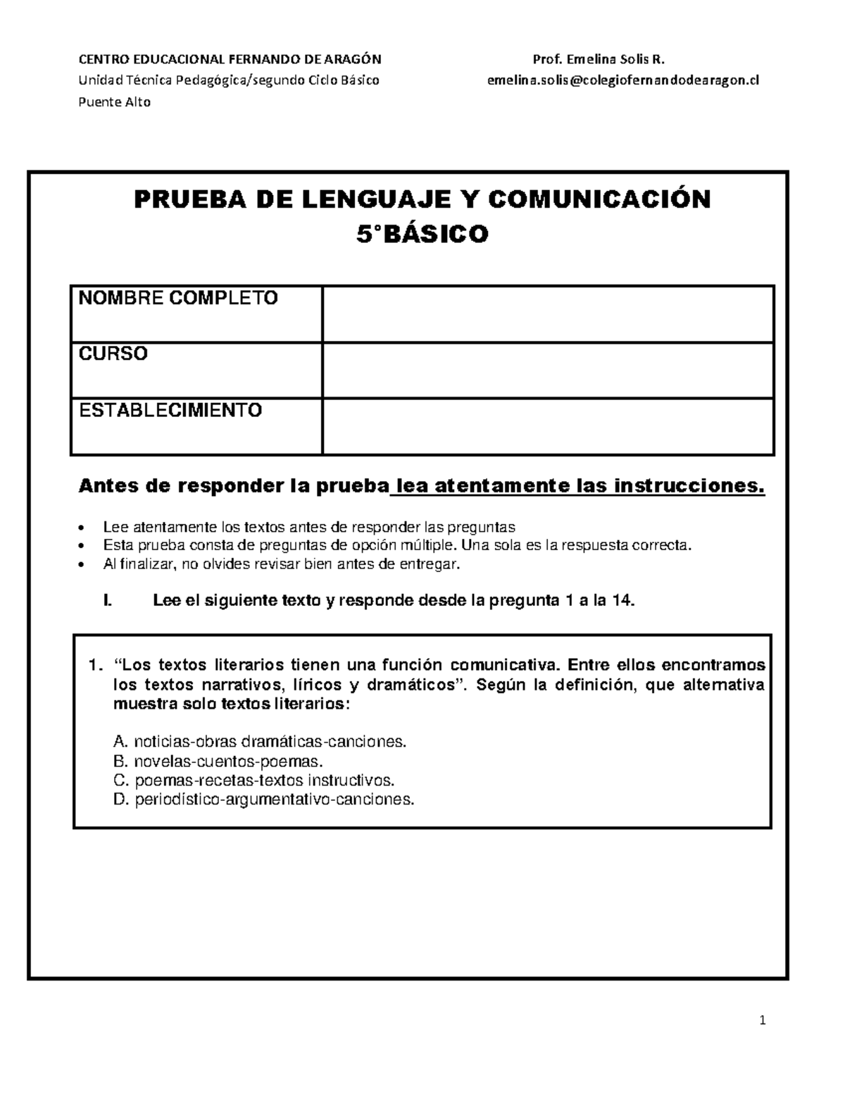 1 5o Lenguaje Evaluacion N°4 21 25 junio - CENTRO EDUCACIONAL FERNANDO ...