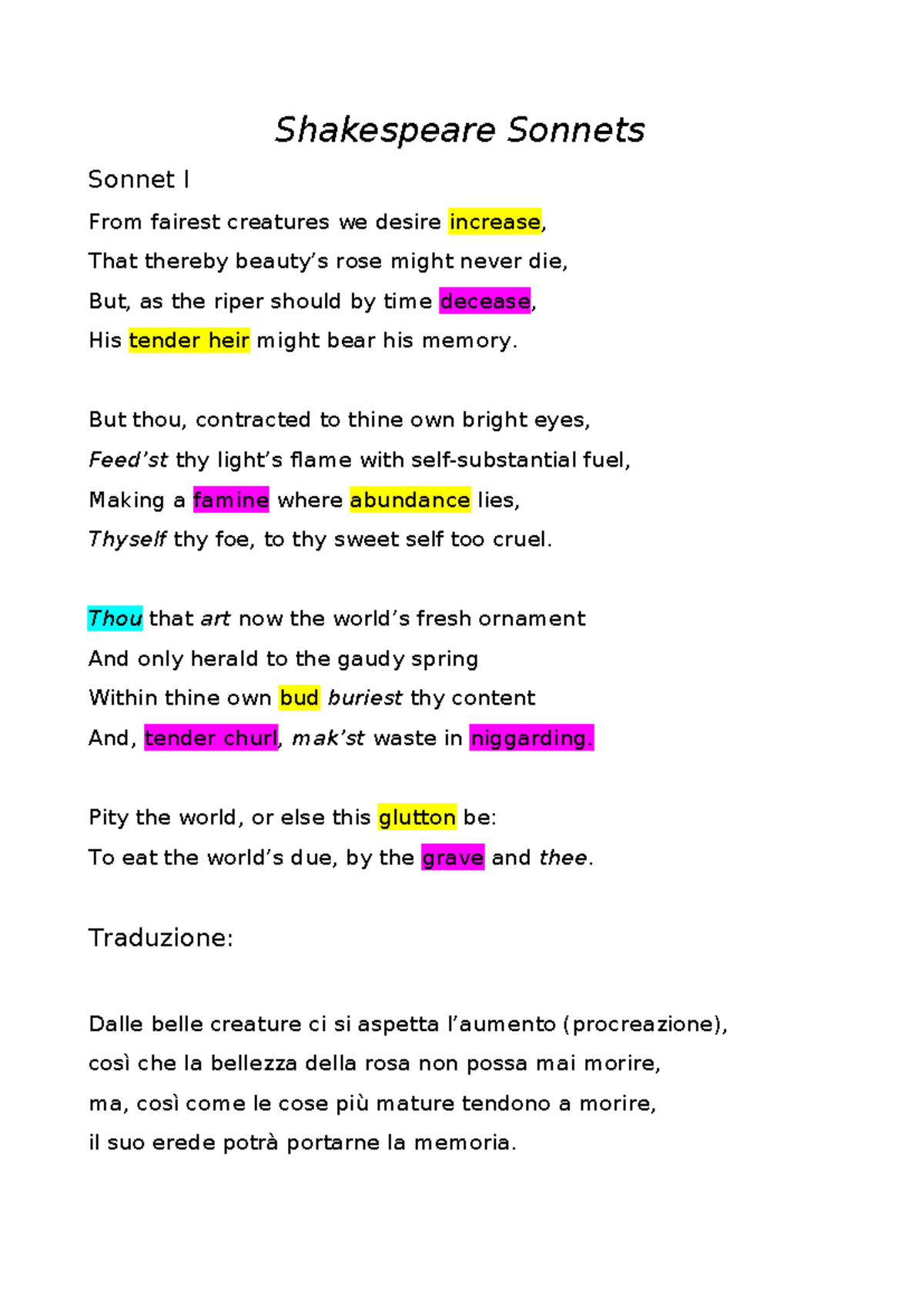 Sonnet I - analisi e traduzione del I sonetto di Shakespeare ...