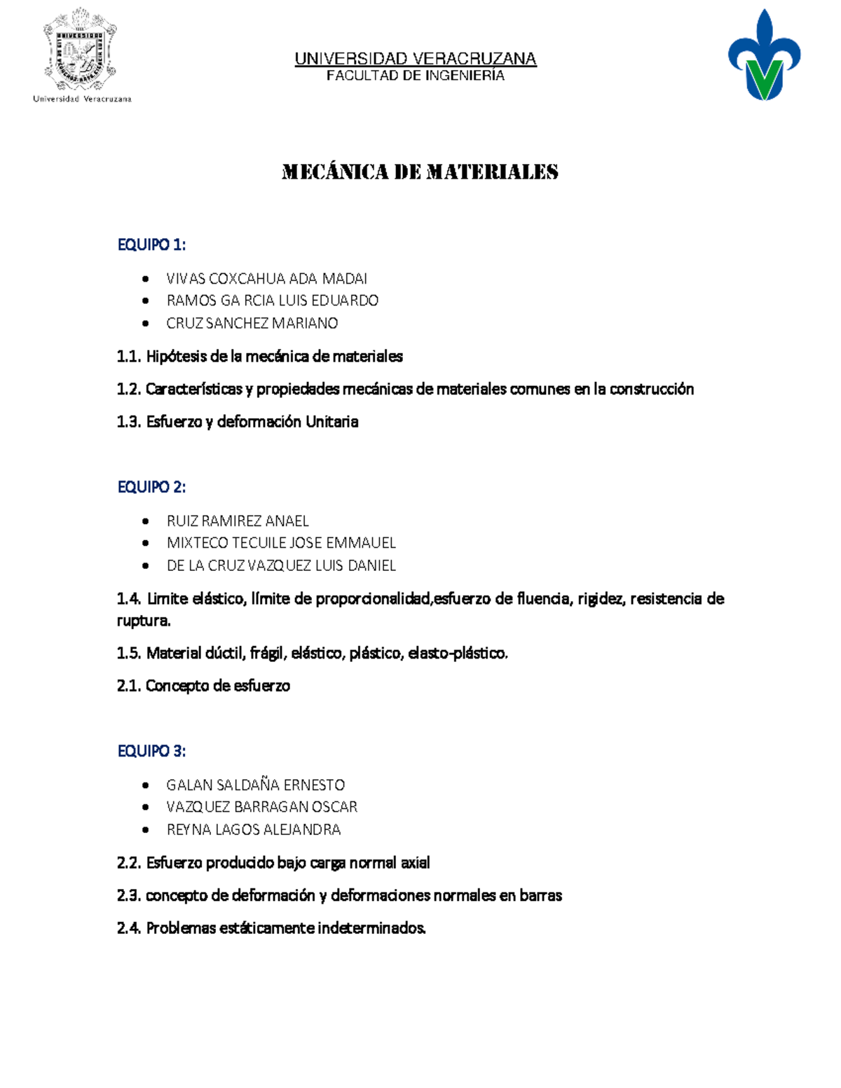 CIV Mecánica DE Materiales Exposiciones - FACULTAD DE INGENIERÍA MEC¡NICA DE MATERIALES EQUIPO 1 ...