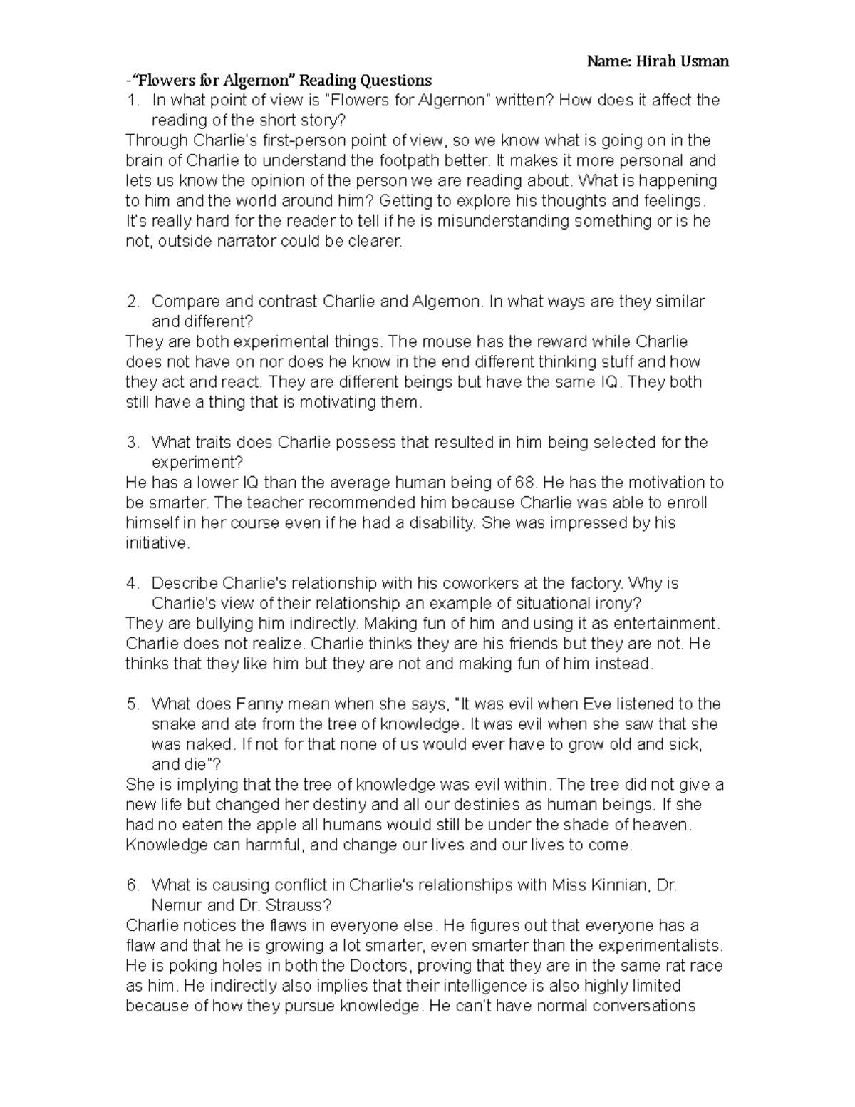 Flowers for Algernon Reading Questions - Name: Hirah Usman -“Flowers ...