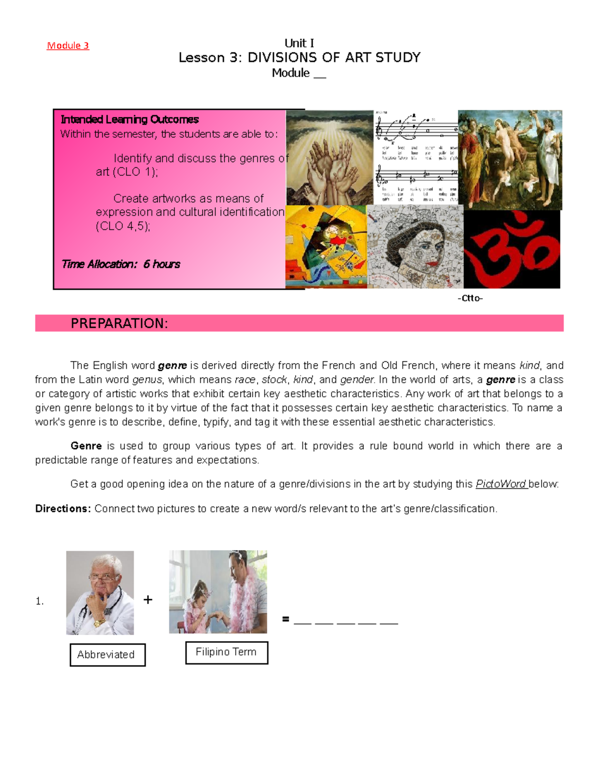 Divisions of Art Study - GEC-AA Division of ART - ####### Unit I Lesson ...