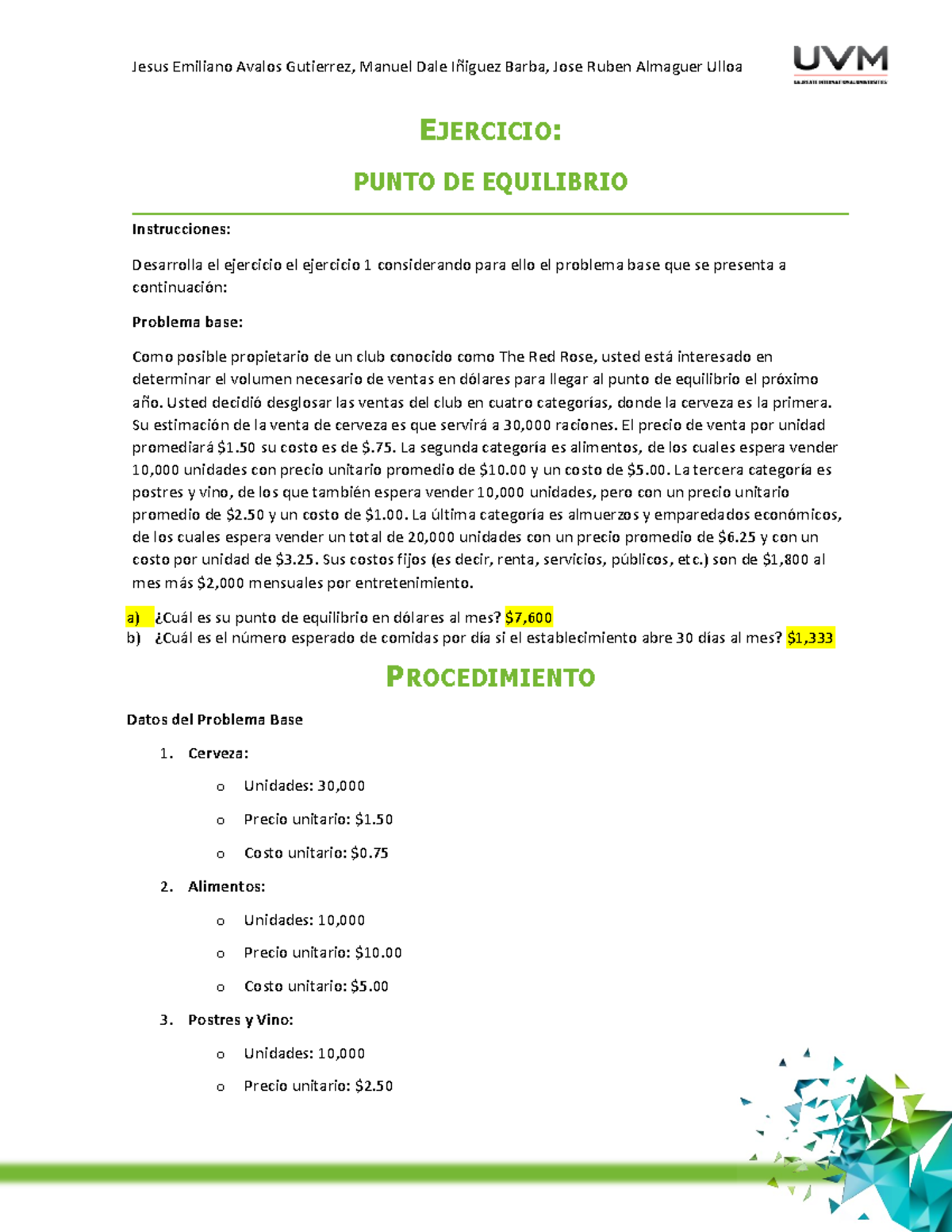 Ejercicio punto de equilibrio ADM DE OP JEAG - EJERCICIO: PUNTO DE ...