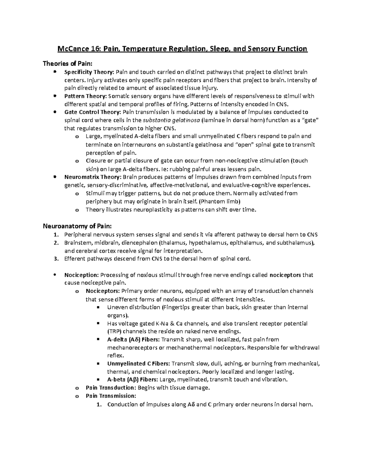 Mc Cance 16 - kjbnk - McCance 16: Pain, Temperature Regulation, Sleep, and Sensory Function ...