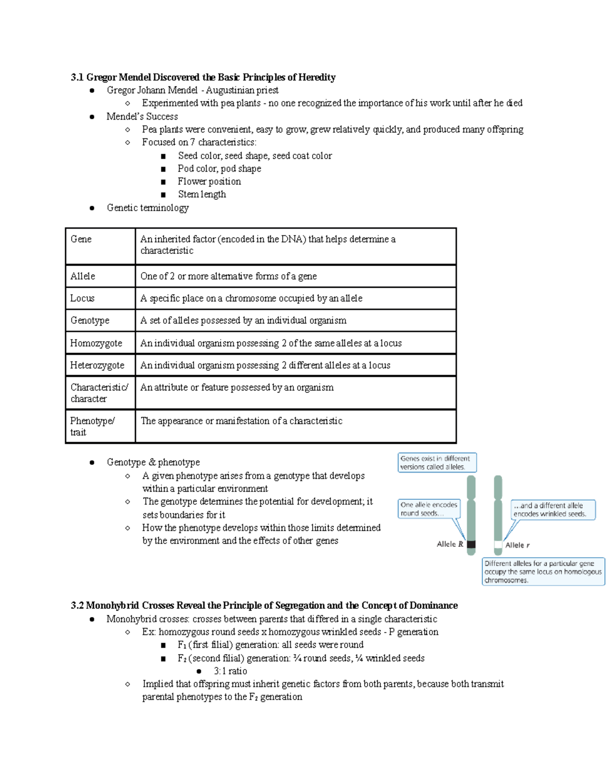 BIO 142 Week 3 Readings - Chapter 3 - Gregor Mendel and the principles ...