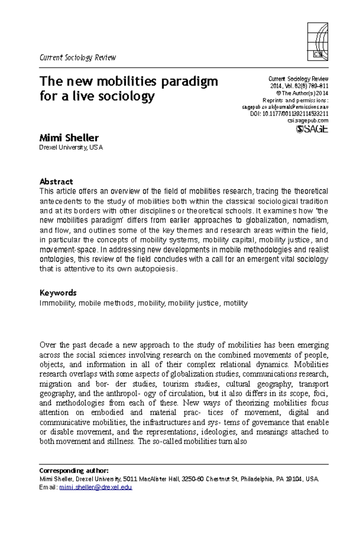 The new mobilities paradigm fora live s - CS 533211 Current Sociology ...