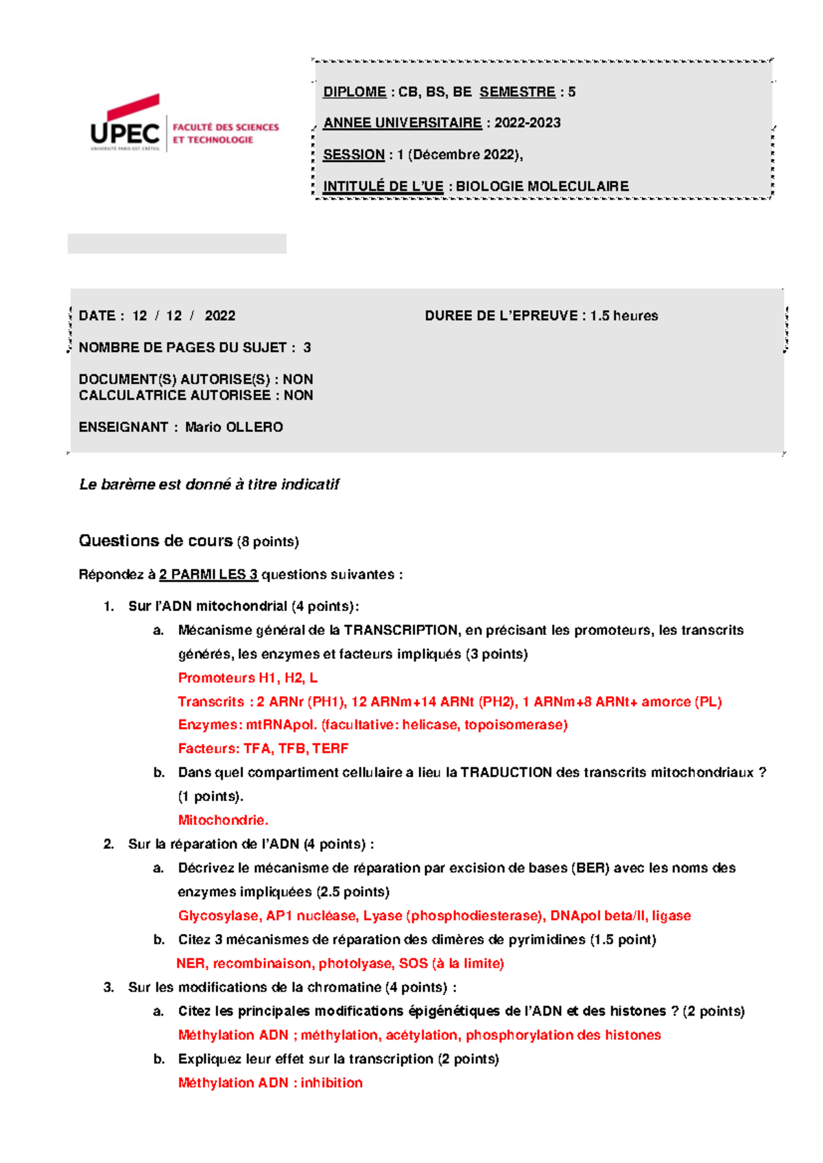 Examen decembre 2022 corrige - DIPLOME : CB, BS, BE SEMESTRE : 5 ANNEE UNIVERSITAIRE : 20 22 ...