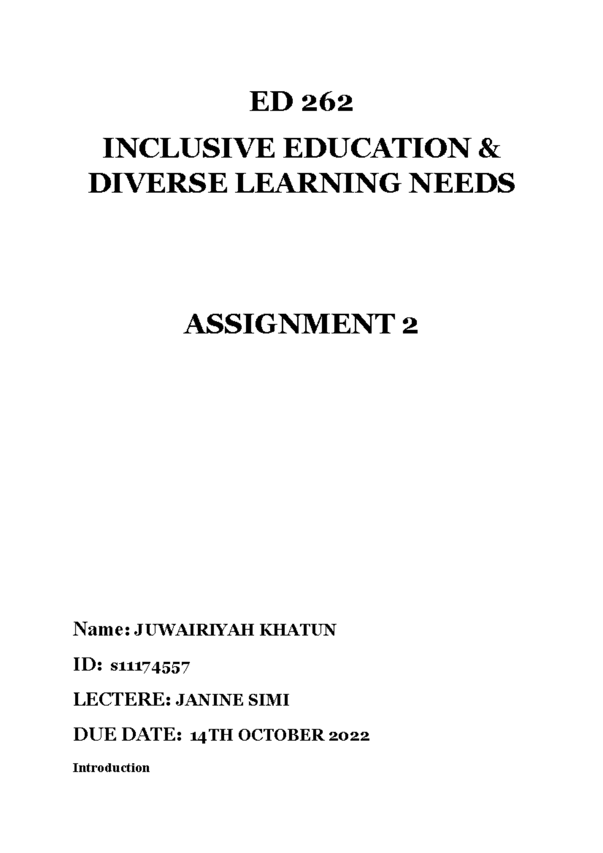 Edited - Notes - ED 262 INCLUSIVE EDUCATION & DIVERSE LEARNING NEEDS ...