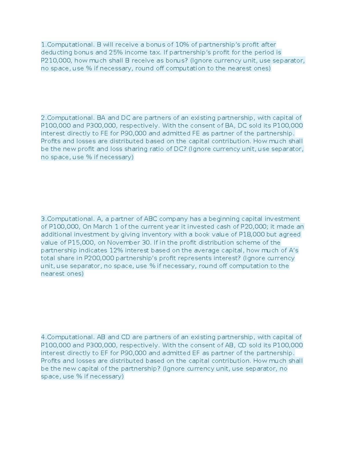 Partnership computational(sample problems) - B will receive a bonus of ...