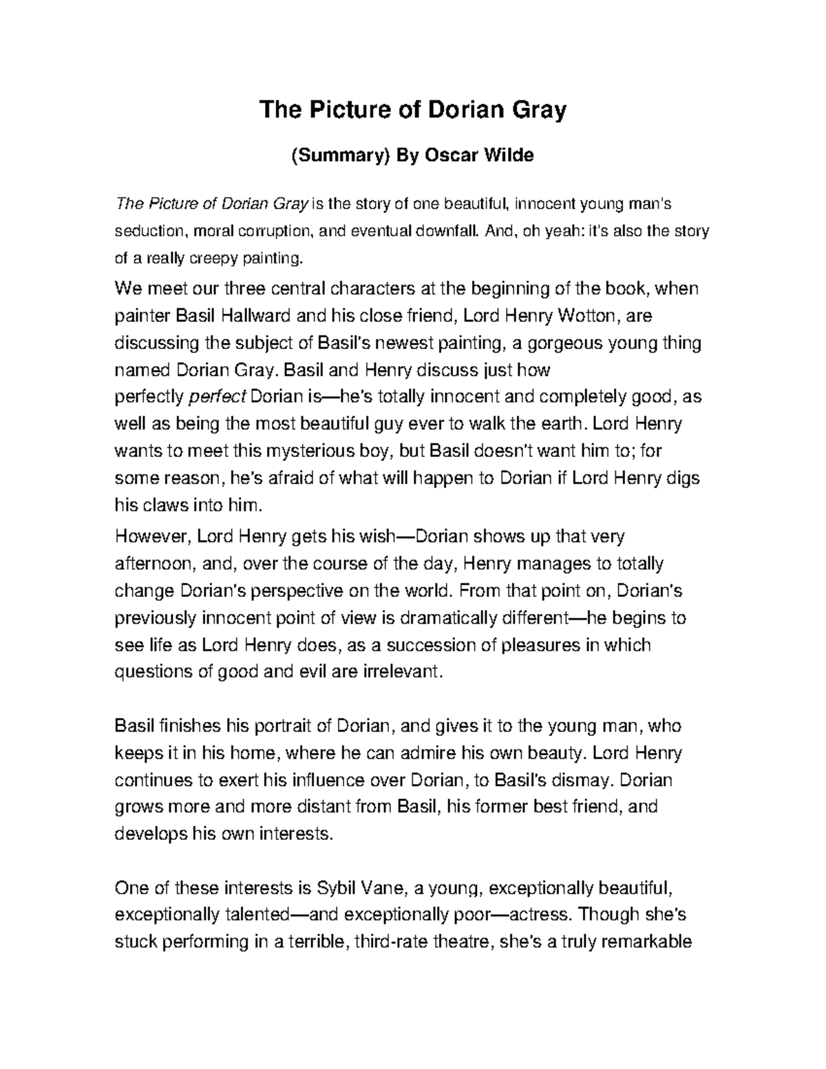 The Picture of Dorian Gray para ingles - The Picture of Dorian Gray ...