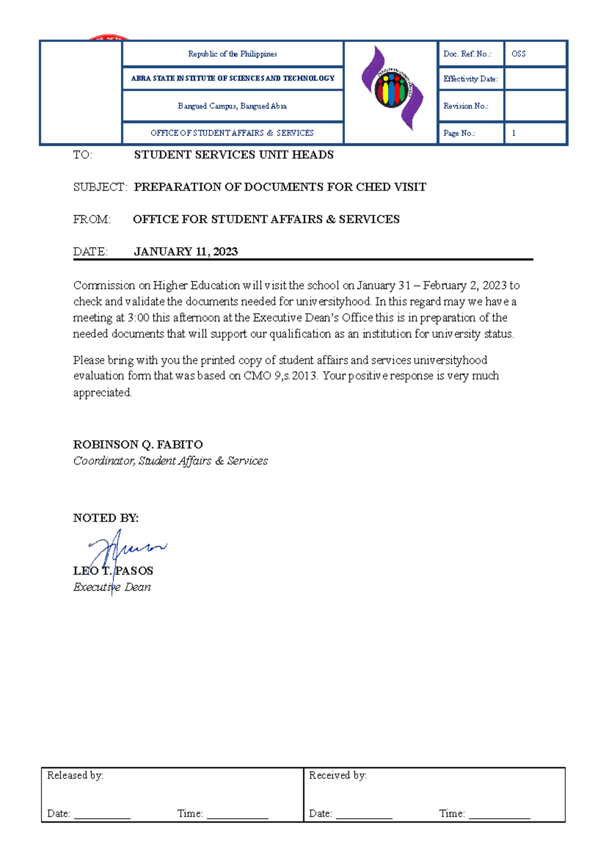 Memo - Action Plan - TO: STUDENT SERVICES UNIT HEADS SUBJECT ...