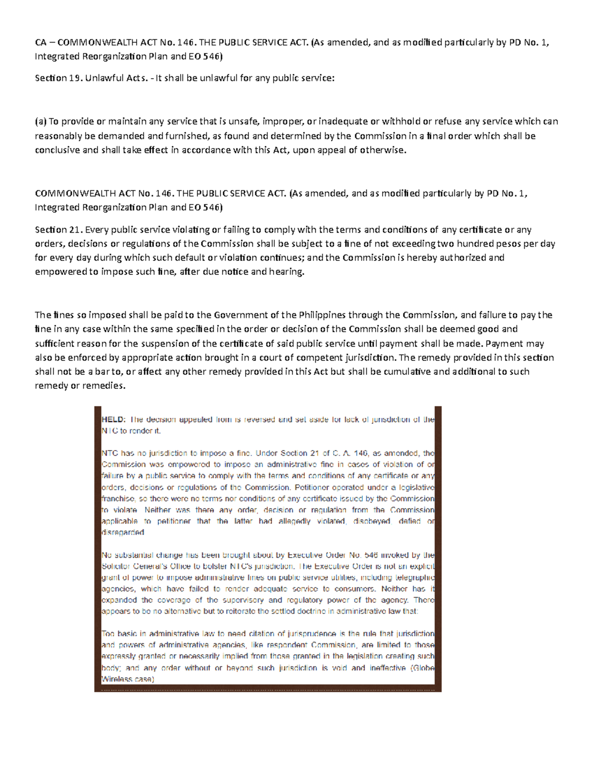 Recit admin law - CA – COMMONWEALTH ACT No. 146. THE PUBLIC SERVICE ACT ...