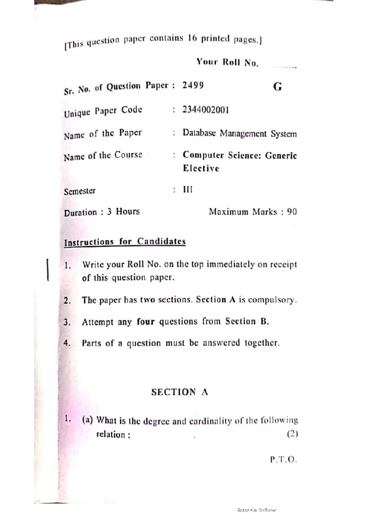 DBMS QP(GE Sem-3 NEP) 2023-2024 (December Semester Exam) - question ...