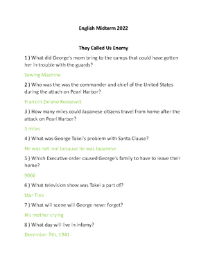 English Midterm 2022 - English Midterm 2022 They Called Us Enemy 1 ...