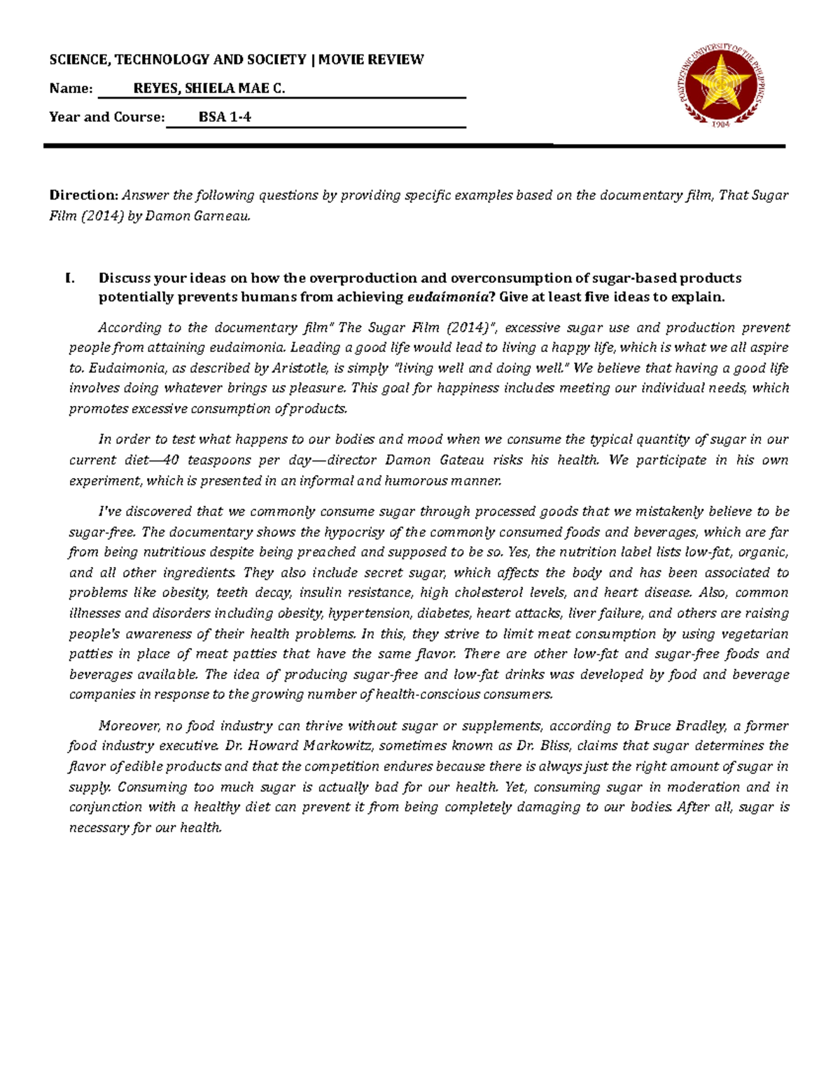 Movie Review- Reyes, Shiela MAE C - SCIENCE, TECHNOLOGY AND SOCIETY ...