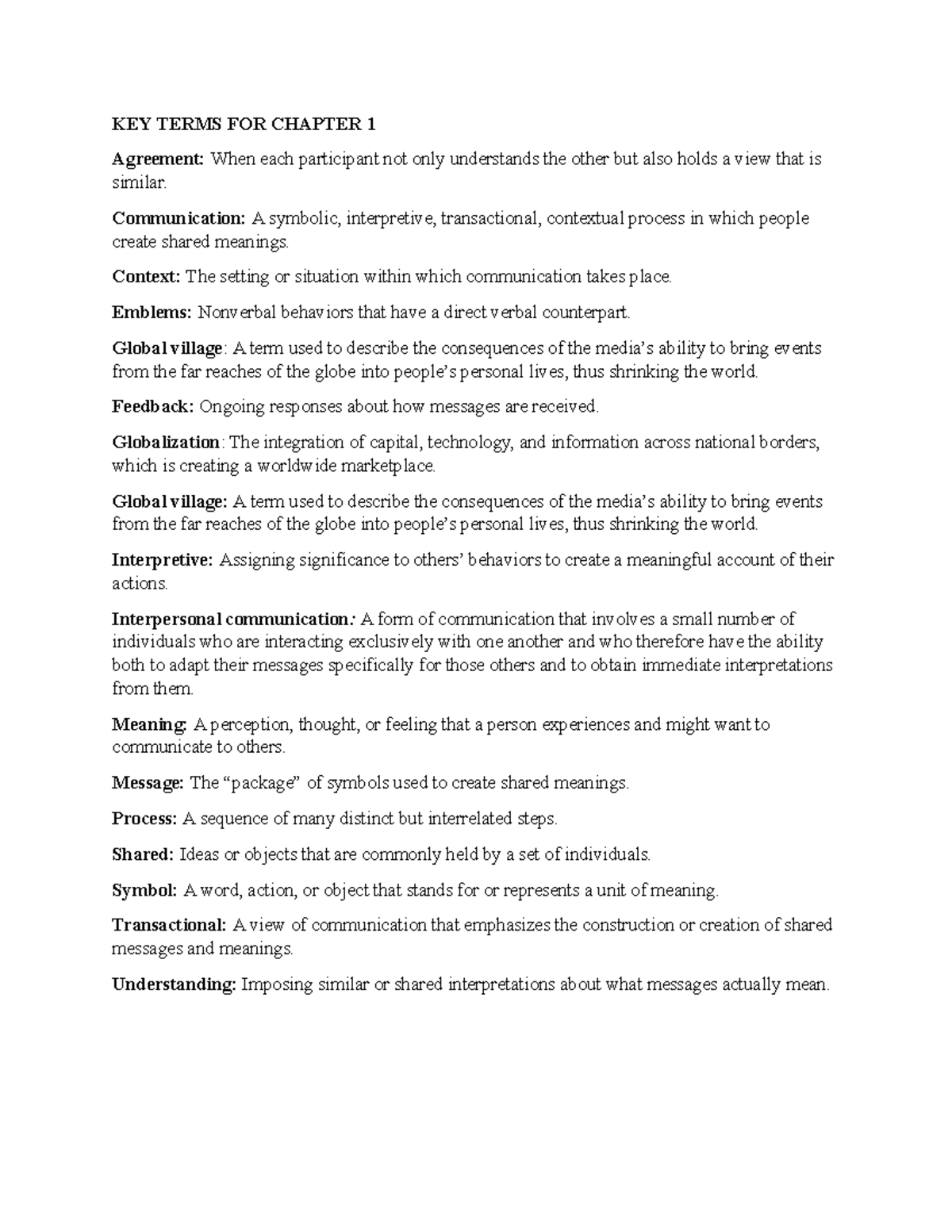 KEY Terms FOR Chapter 1 - English - KEY TERMS FOR CHAPTER 1 Agreement ...
