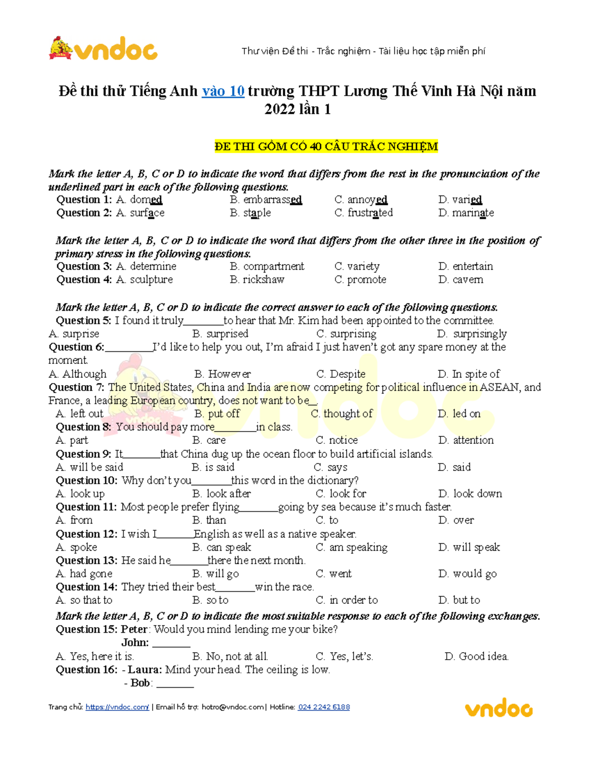 De thi thu tieng anh vao 10 truong thpt luong the vinh ha noi nam 2022 lan 1 - Đề thi thử Tiếng ...