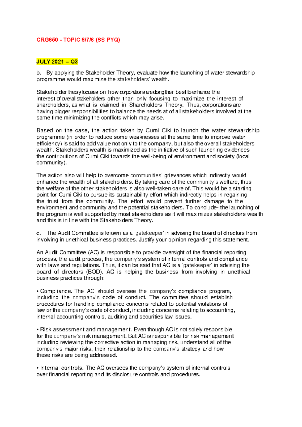 CRG650 Topic 6-8 SS PYQ - CRG650 - TOPIC 6/7/8 (SS PYQ) JULY 2021 – Q 3 b. By applying the - Studocu