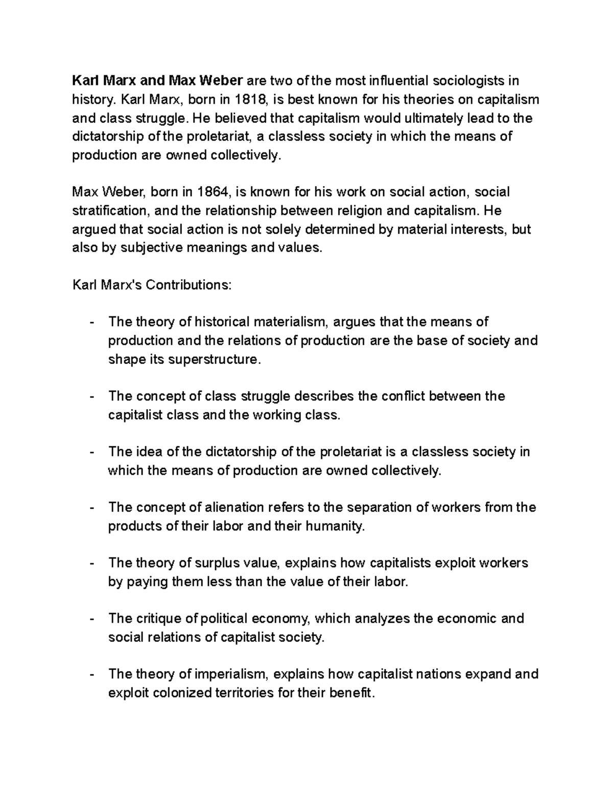 Karl Marx and Max Weber Notes - Karl Marx and Max Weber are two of the ...