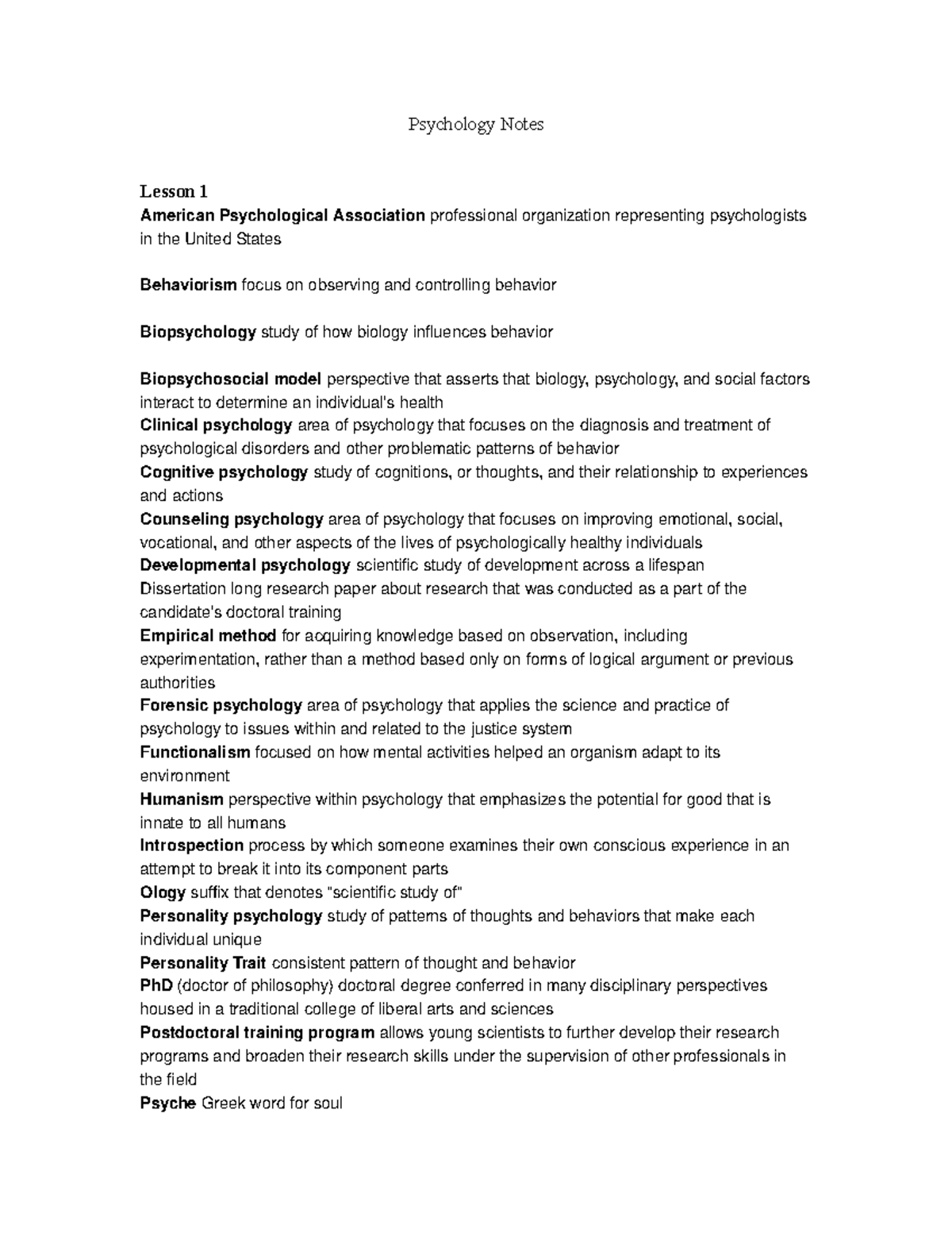 Psychology Notes - Psychology Notes Lesson 1 American Psychological ...