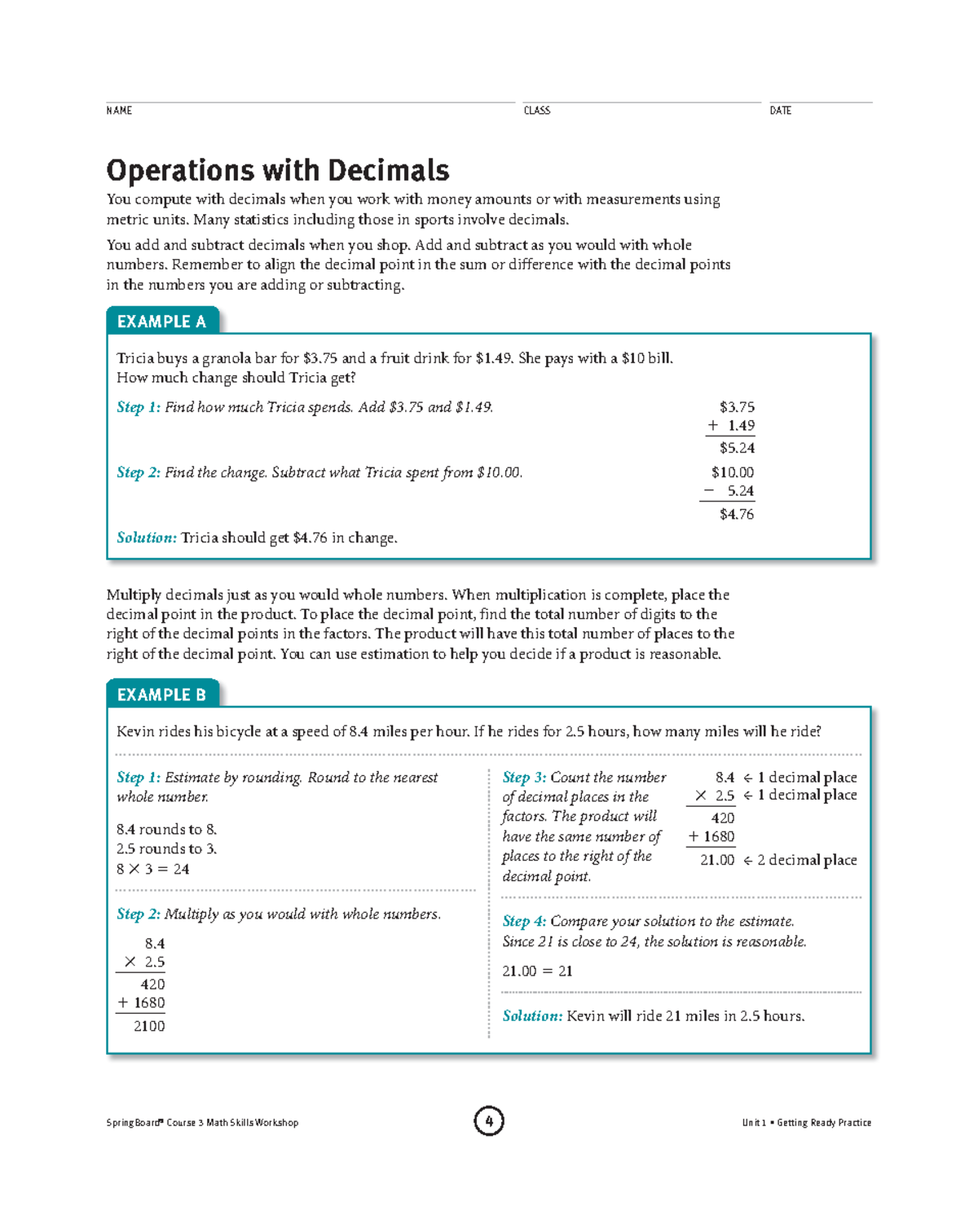 Operations with Decimals - NAME CLASS DATE SpringBoard® Course 3 Math ...