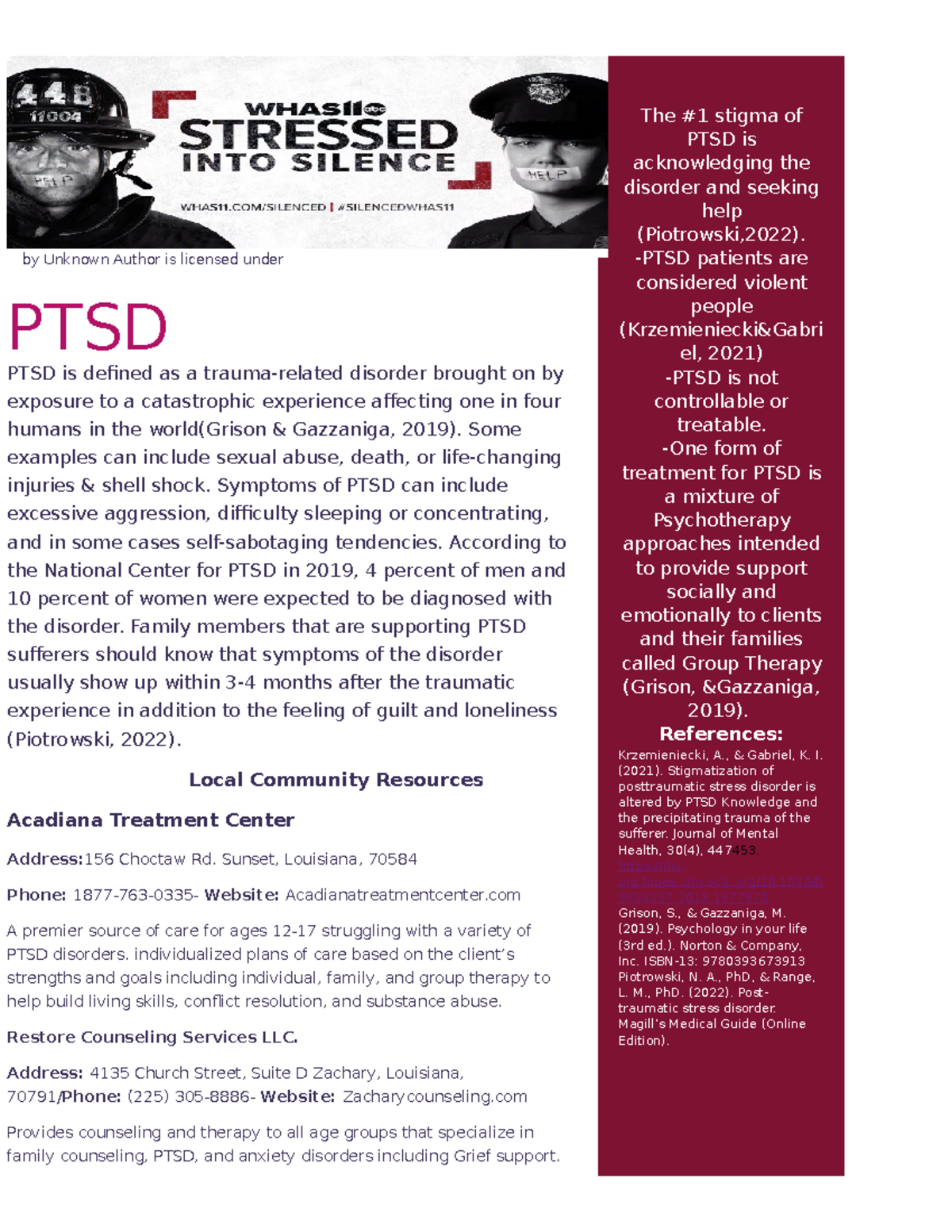 PTSD FLyer - PTSD PTSD is defined as a trauma-related disorder brought ...