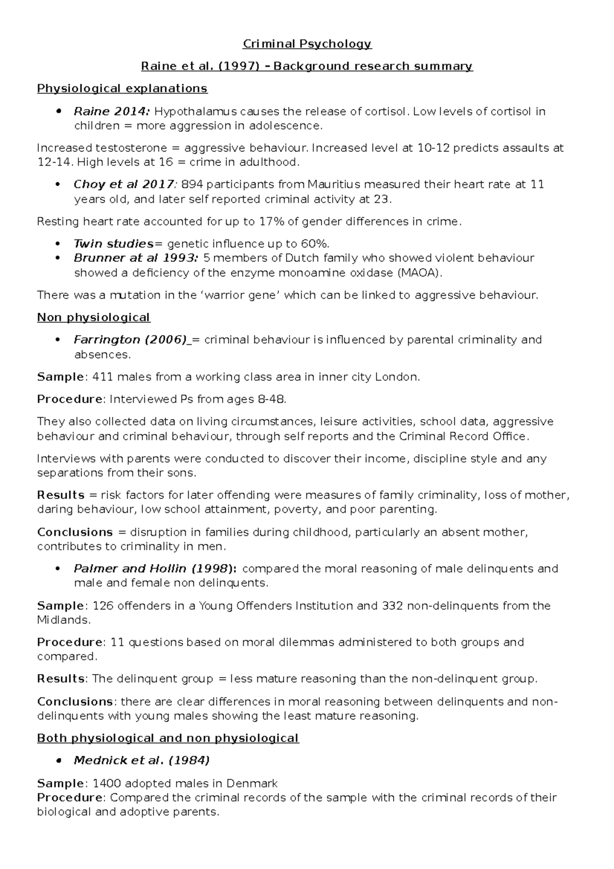 Raione background handout - Criminal Psychology Raine et al. (1997 ...