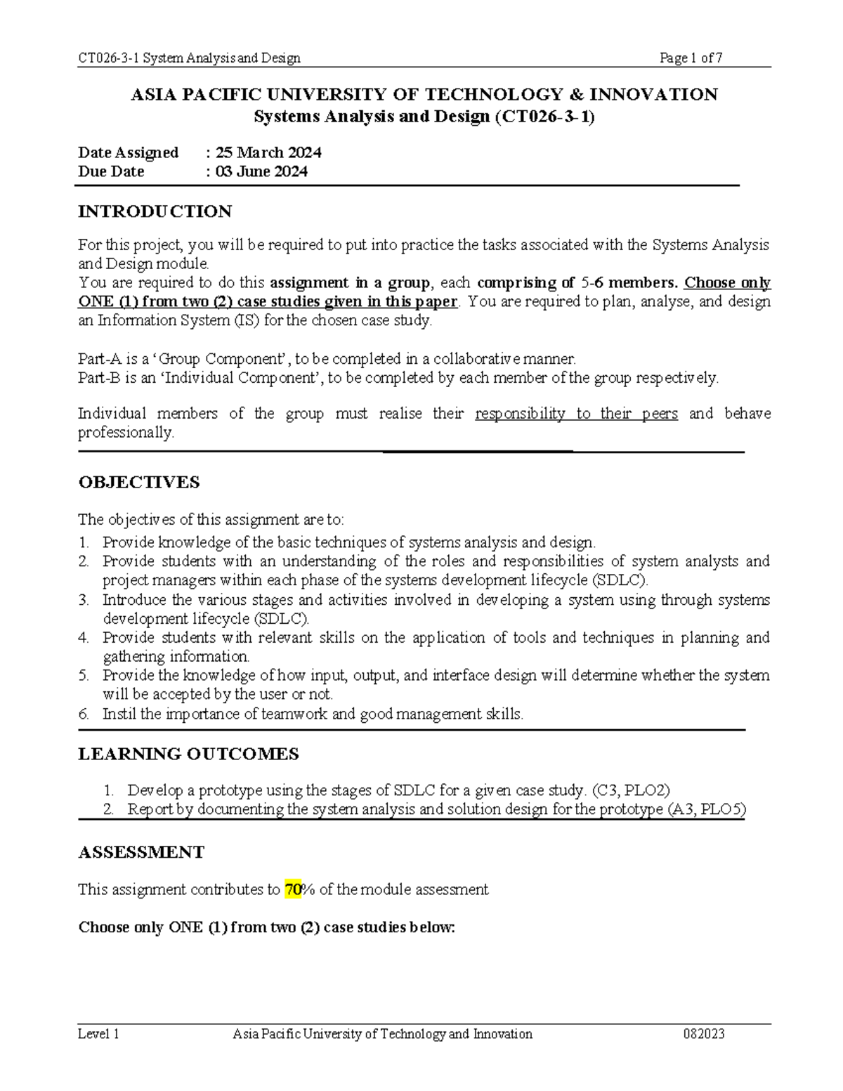 1. Assignment Question SAAD - ASIA PACIFIC UNIVERSITY OF TECHNOLOGY & INNOVATION Systems - Studocu