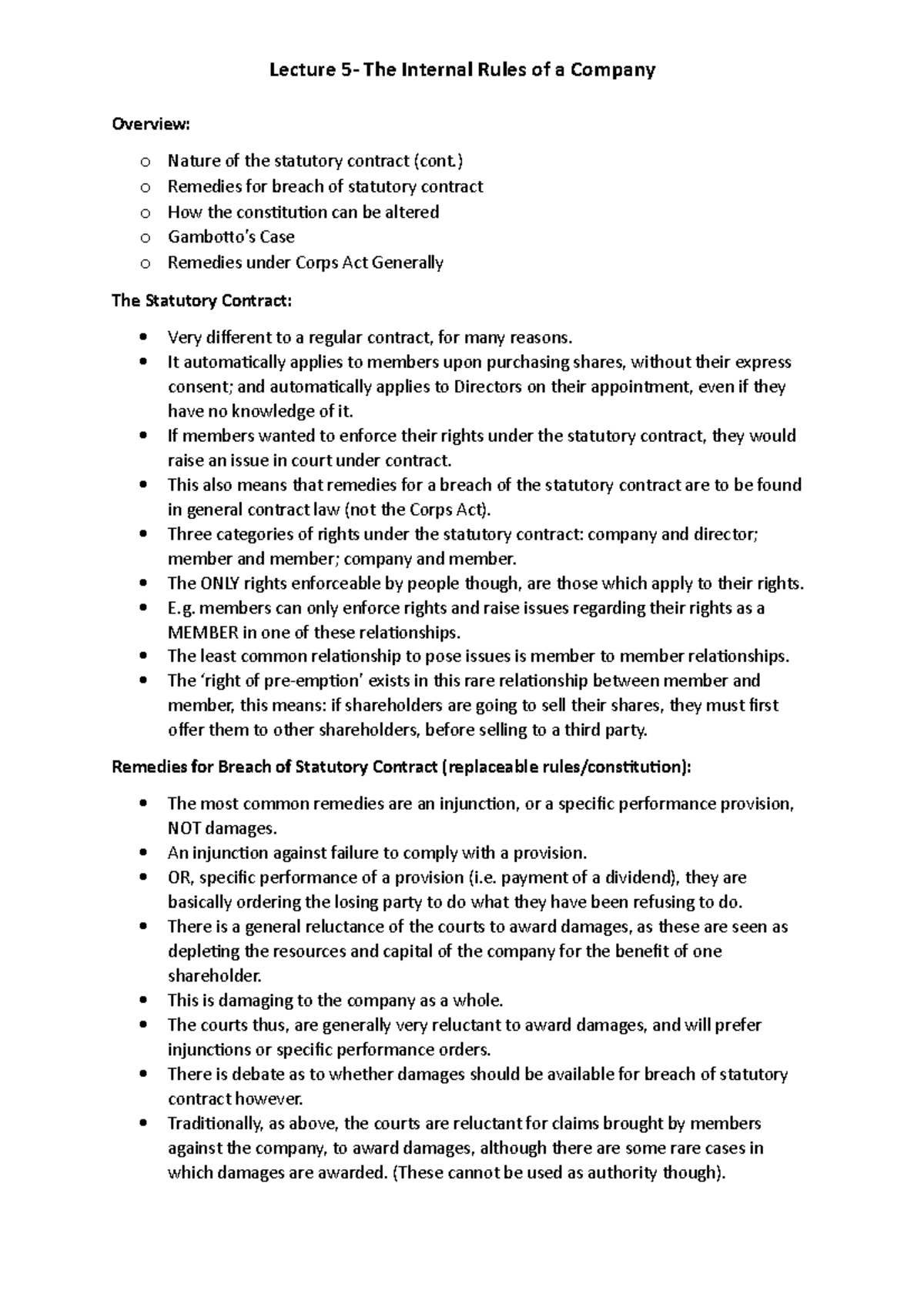Lecture 5- The Internal Rules of a Company - Overview: o Nature of the ...