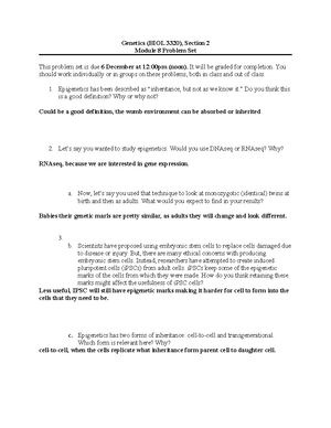 Module 1 Problem Set - assignment - Genetics (BIOL 3320), Section 2 Module 1 Problem Set This ...