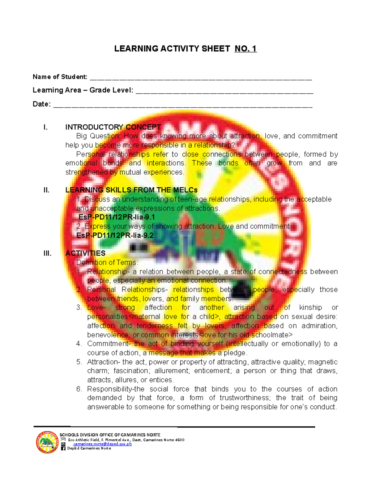 Per Dev-Wk1 - SLM - LEARNING ACTIVITY SHEET NO. 1 Name of Student ...