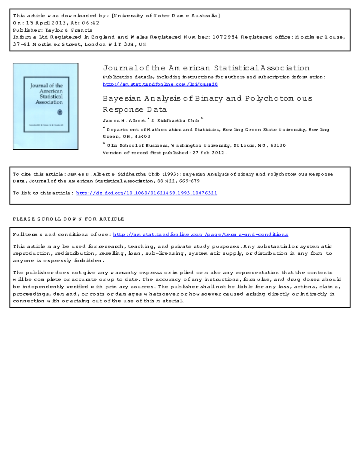 Albert y Chib (1993) Bayesian Analysis of Binary and Polychotomous Response Data - This article ...
