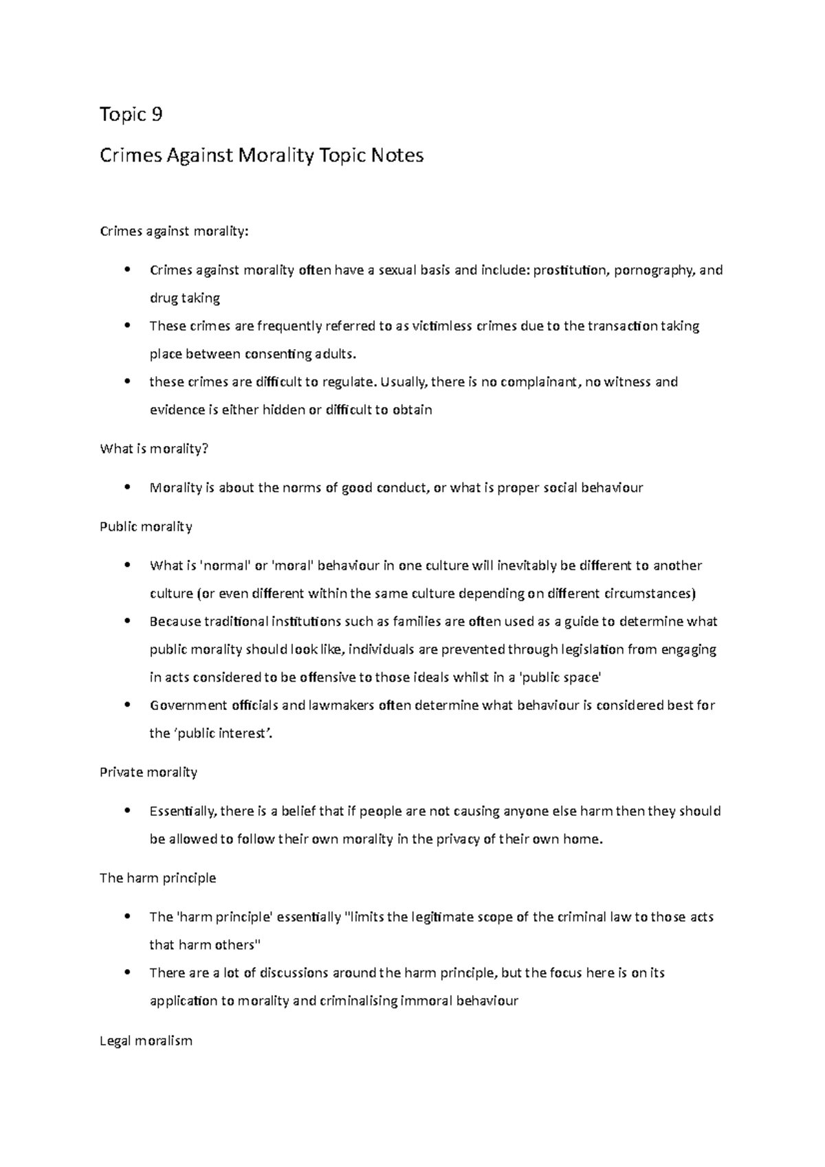 Topic 9 - CRIM100 lecture notes - Topic 9 Crimes Against Morality Topic ...