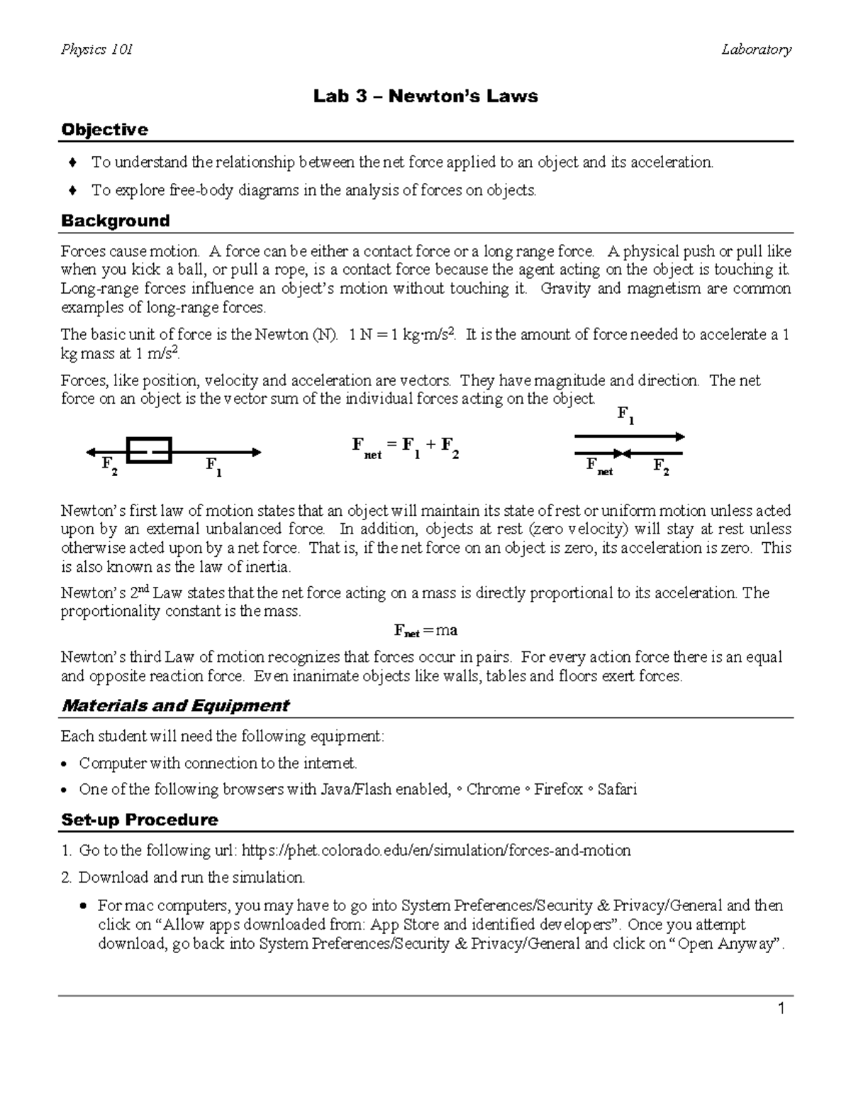 Phys44 Chapter 4 Lab - Newton's Laws - Lab 3 – Newton’s Laws Objective ...
