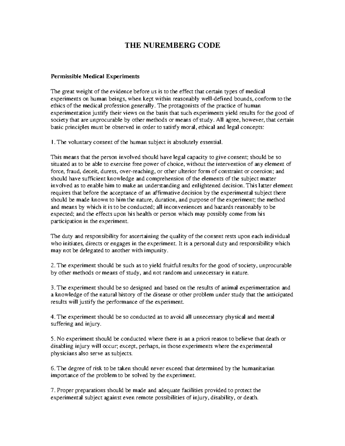 Nuremberg CODE - SUPPLEMENTARY MATERIAL - THE NUREMBERG CODE ...
