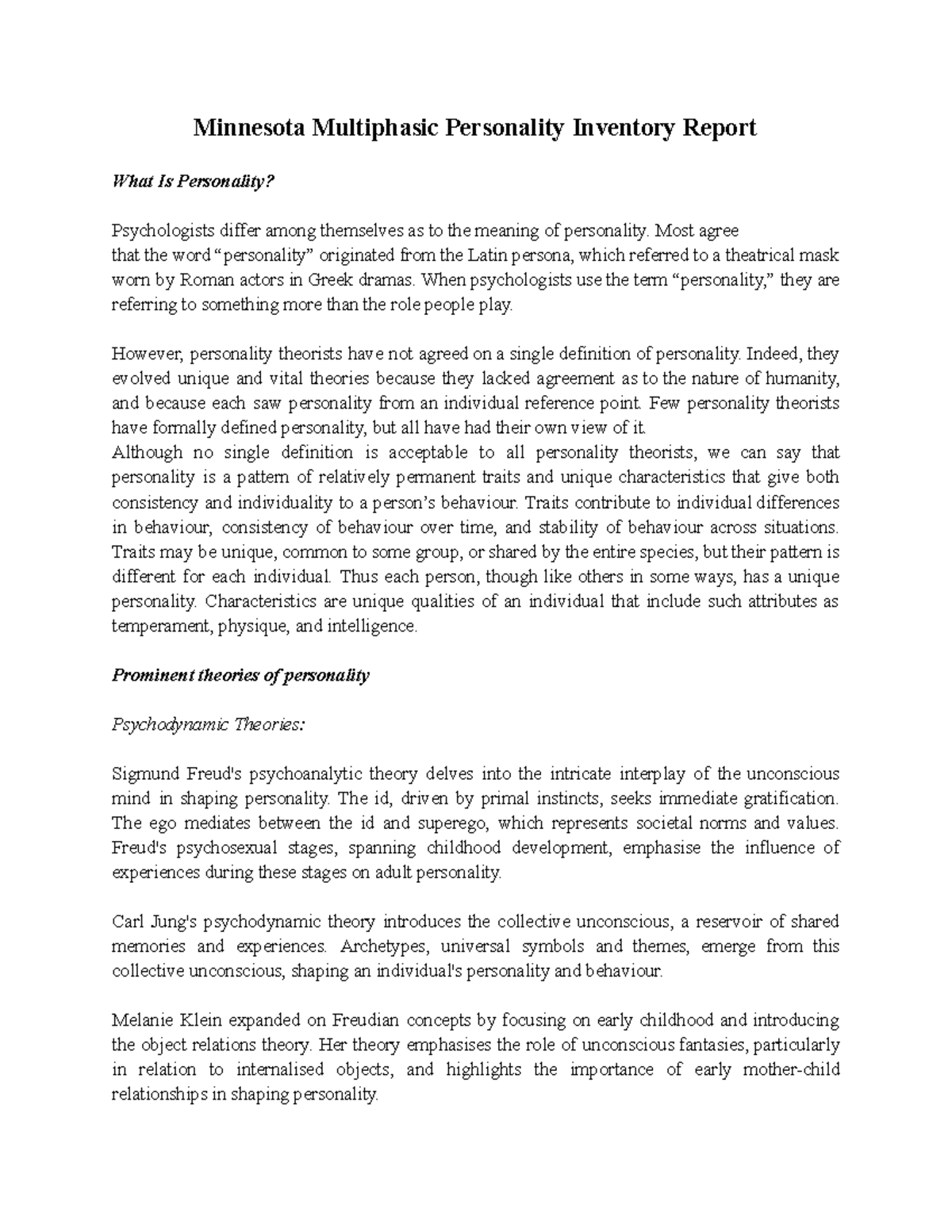 Mmpi Report Minnesota Multiphasic Personality Inventory Report What