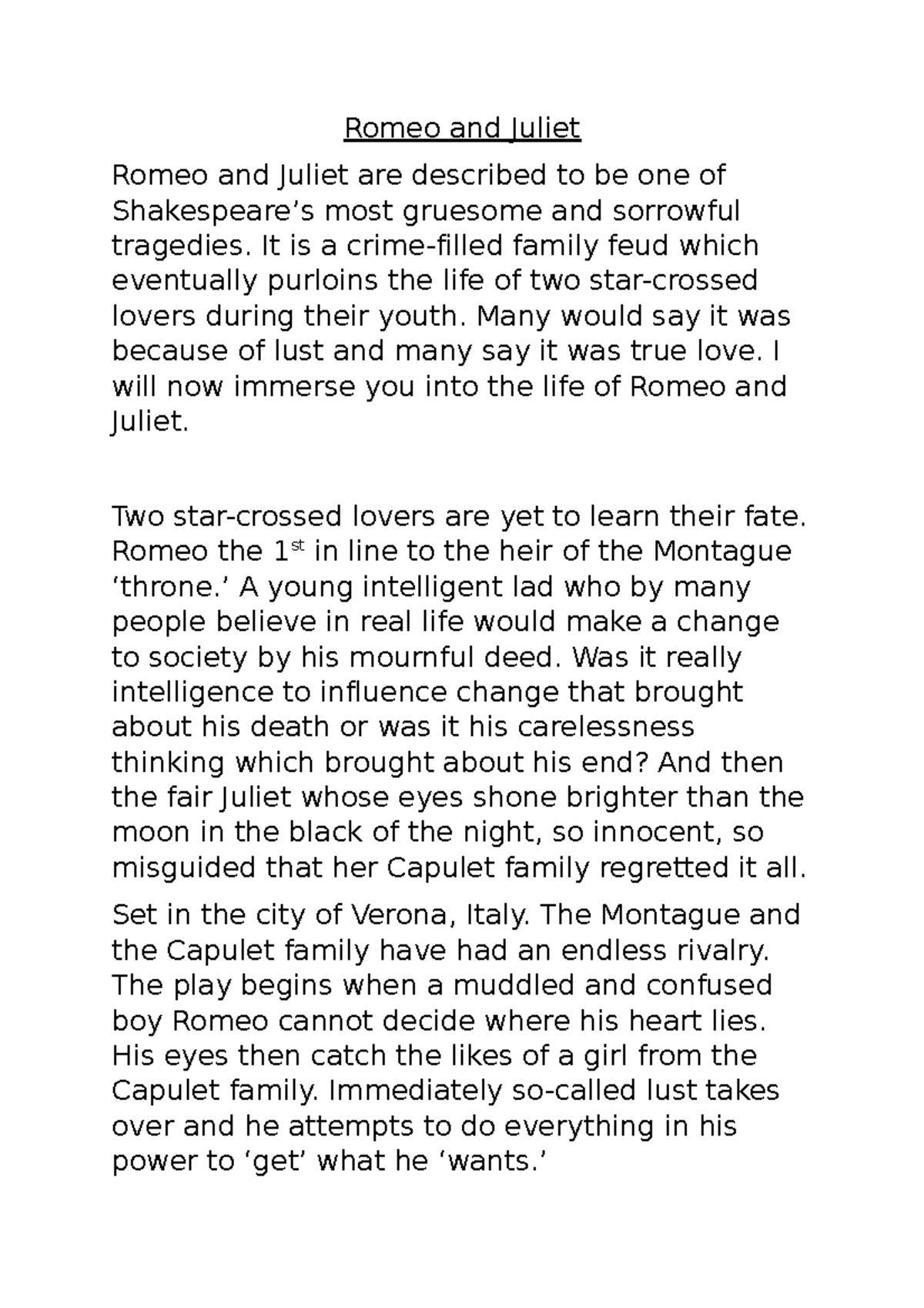 Romeo and Juliet Research Summary - Romeo and Juliet Romeo and Juliet ...