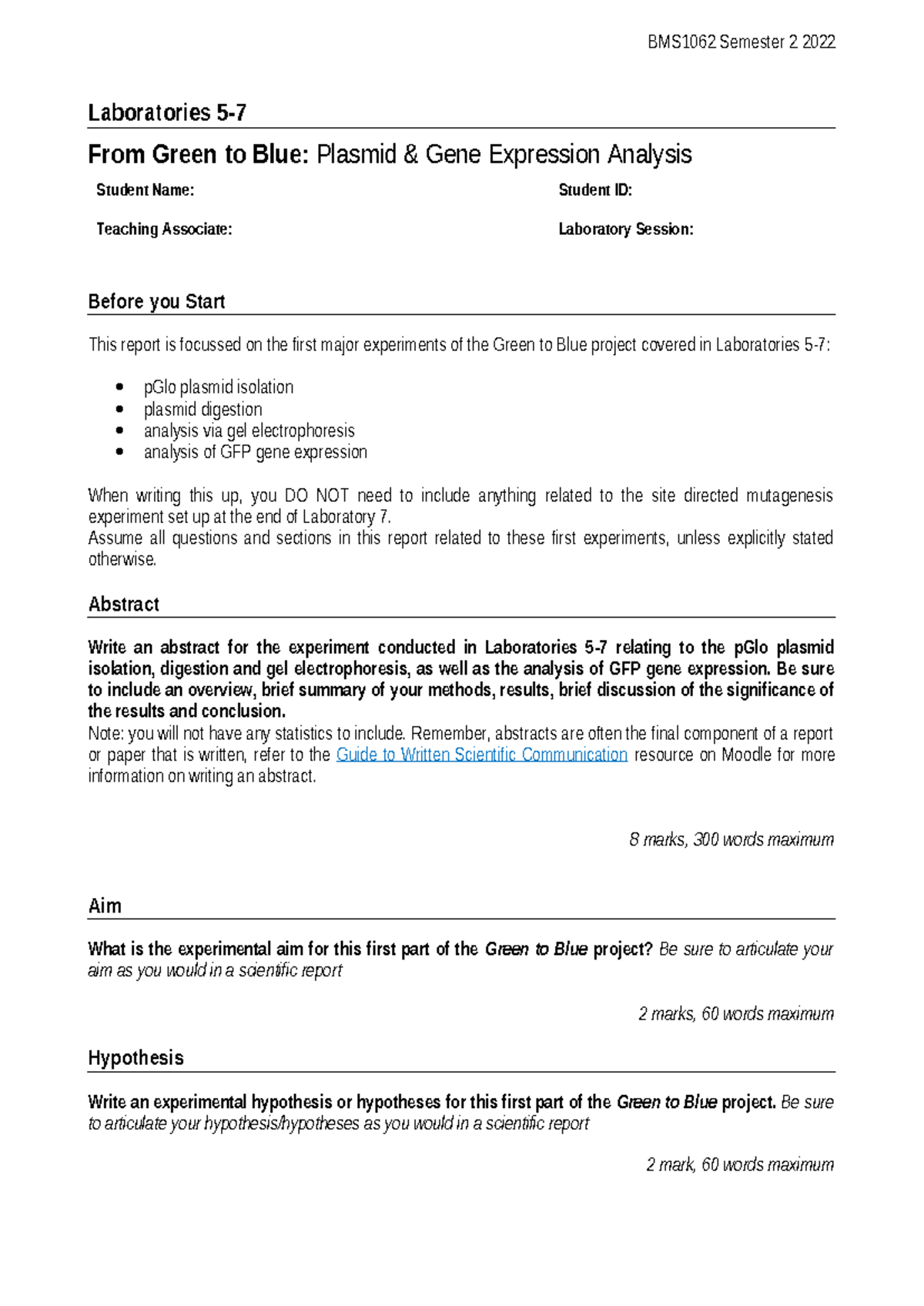 Lab 5-7 Post-Laboratory Report BMS1062 Template - Laboratories 5- From ...