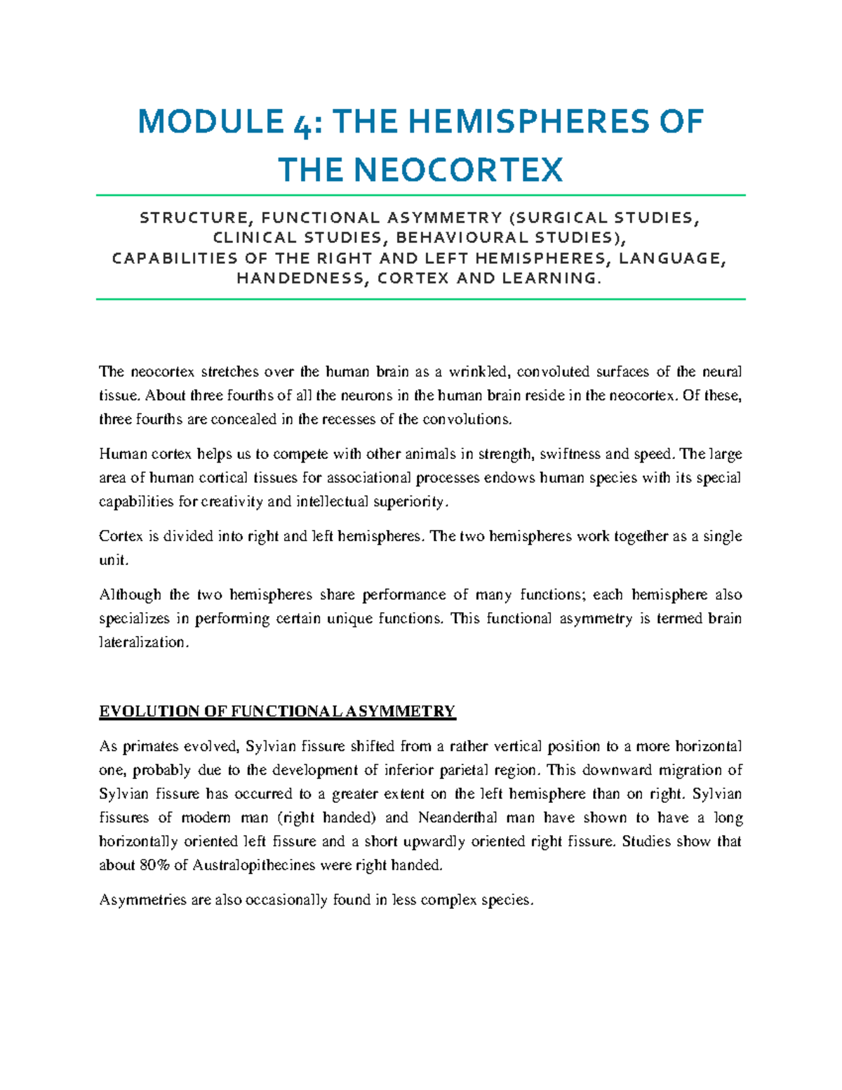 SEM III Module 4- Hemispheres OF THE Neocortex - MODULE 4: THE HEMISPHERES OF THE NEOCORTEX S T ...