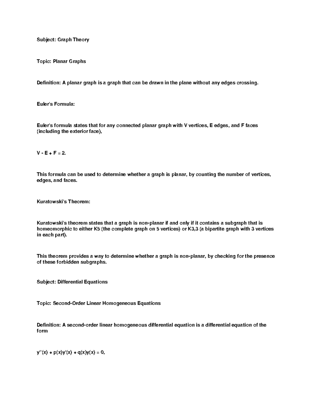 Math - Math - Subject: Graph Theory Topic: Planar Graphs Definition: A ...