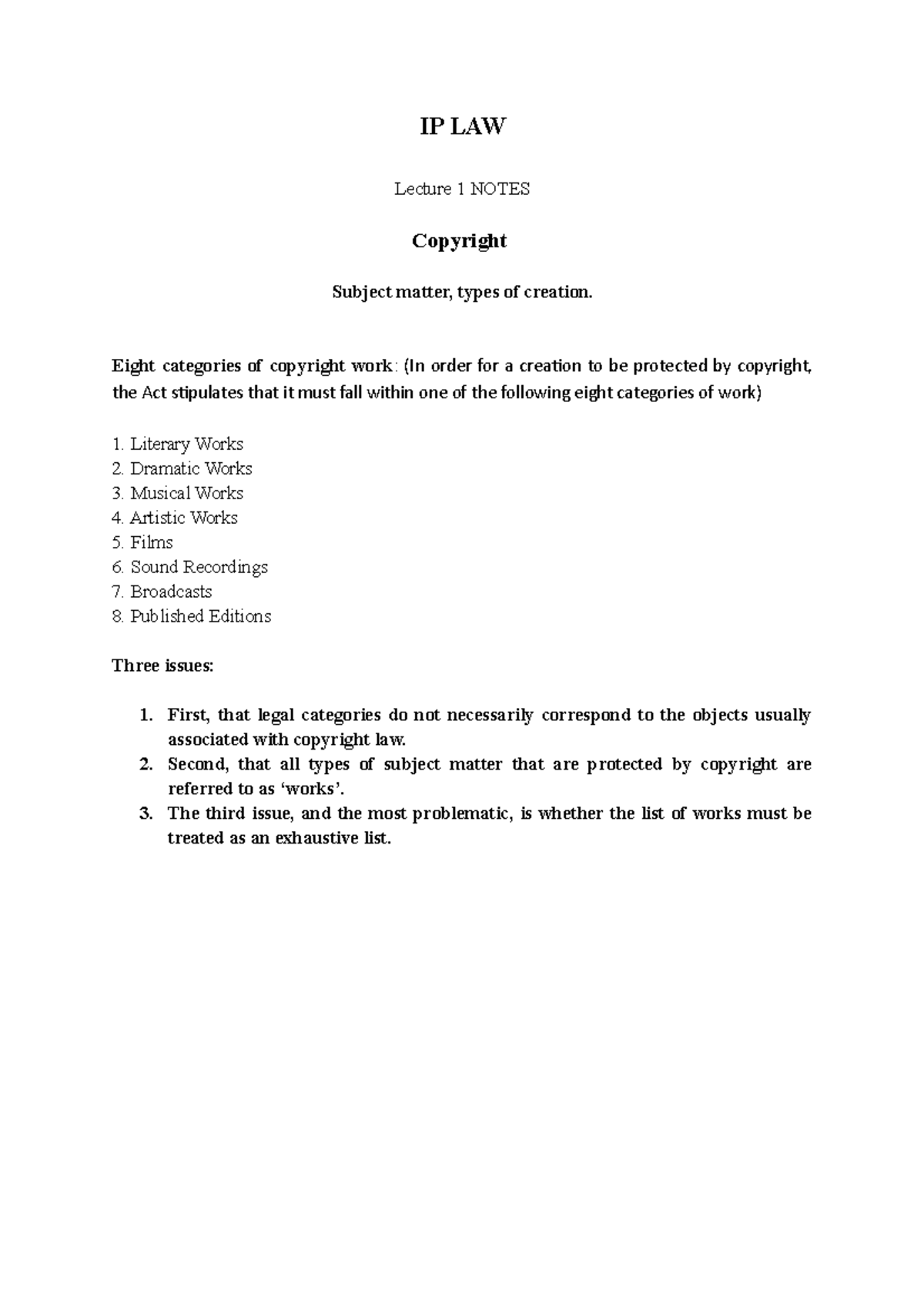 IP LAW Copyright Notes CH3 - IP LAW Lecture 1 NOTES Copyright Subject ...