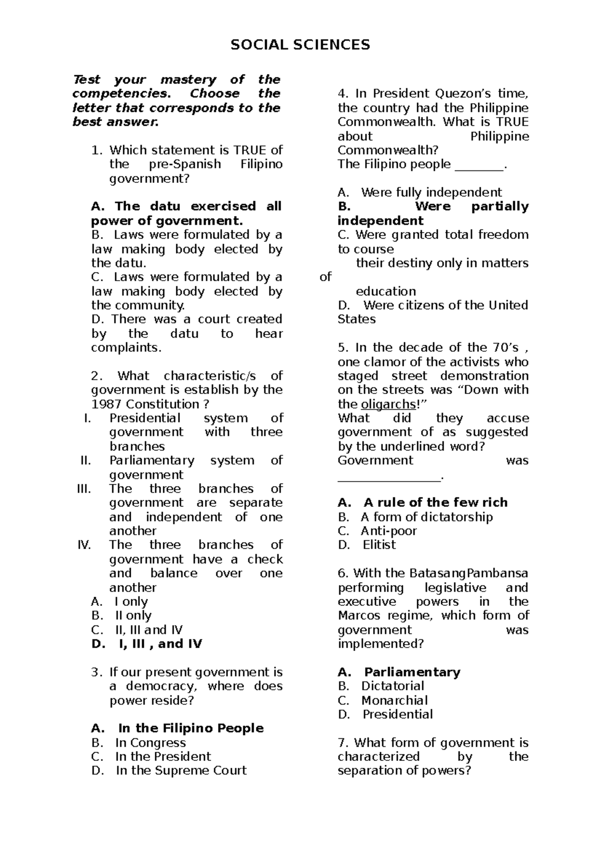 Social Sciences MS Word - Test your mastery of the competencies. Choose ...