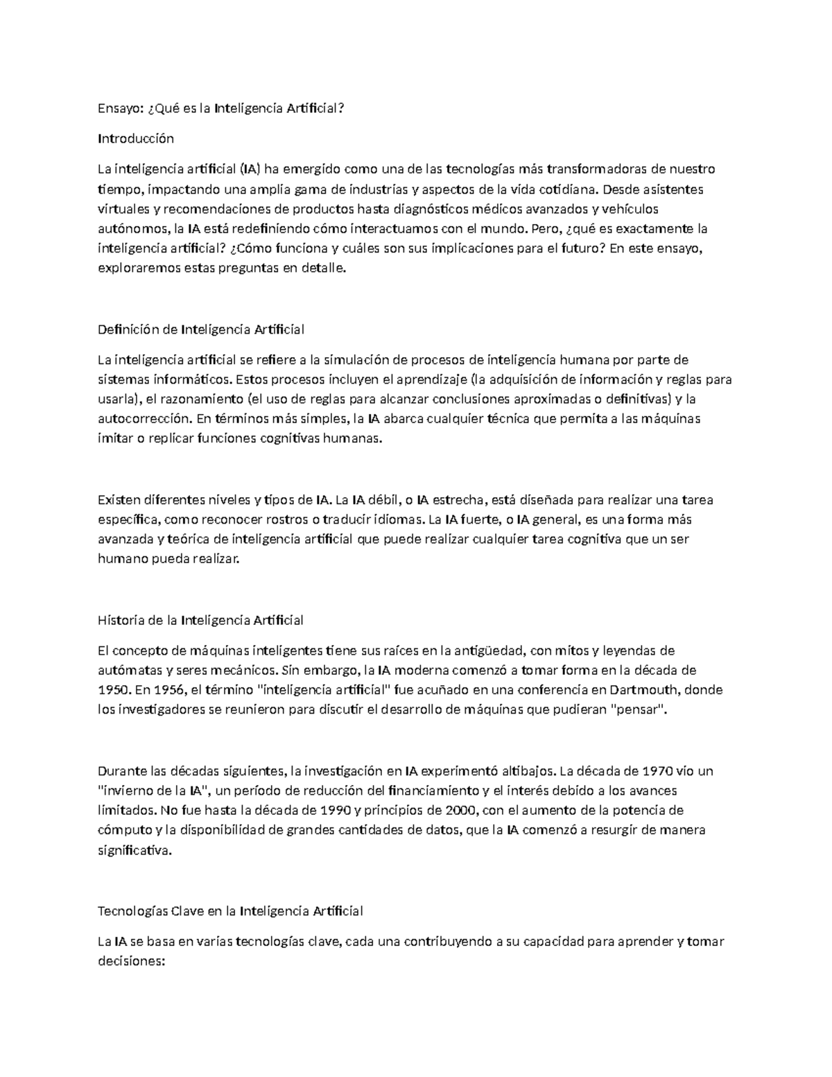 Ensayo Ia 2024 - Ensayo: ¿Qué es la Inteligencia Artificial ...