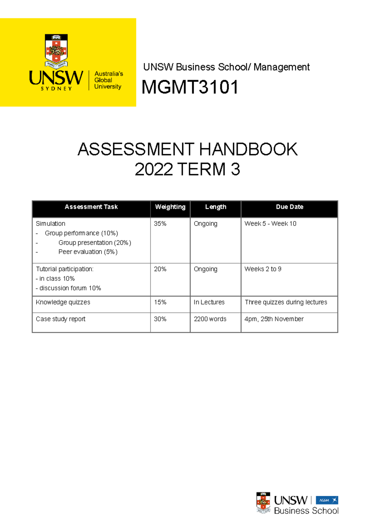 MGMT3101 Assessment Handbook 2022 T3 - ASSESSMENT HANDBOOK 2022 TERM 3 Assessment Task Weighting ...