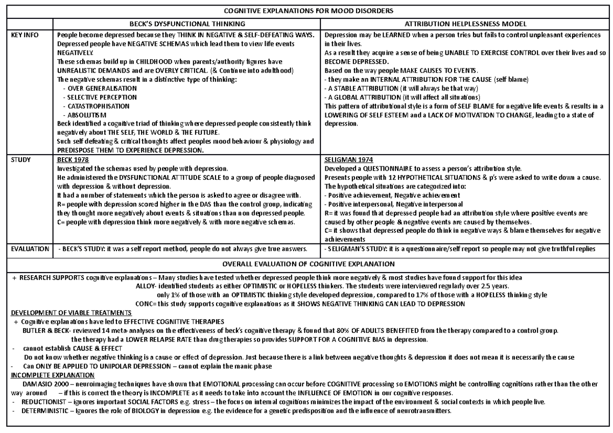 Cognitive Explanation FOR Depression - COGNITIVE EXPLANATIONS FOR MOOD ...