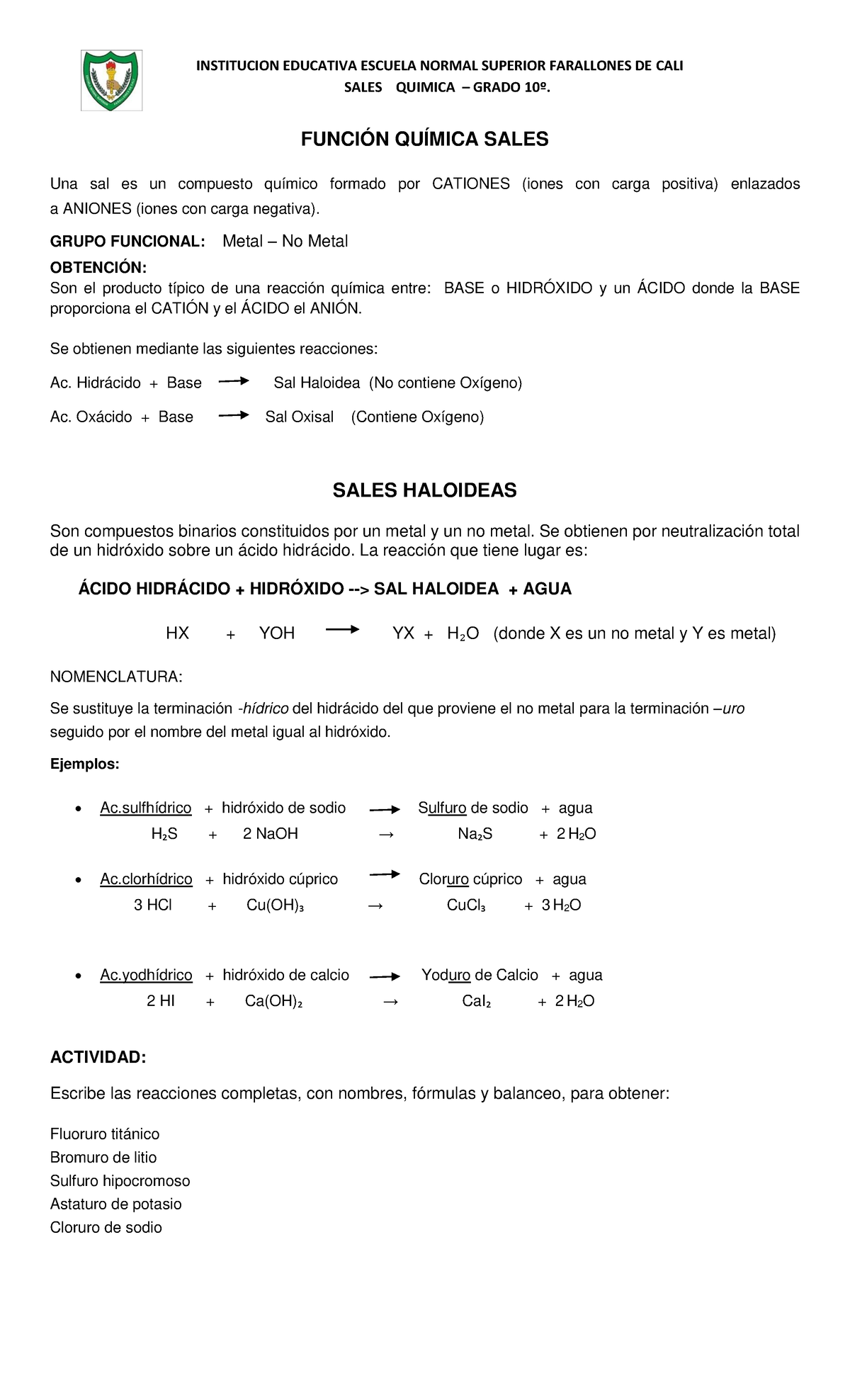 Función Química Sales - onichan uwu - FUNCIÓN QUÍMICA SALES Una sal es ...