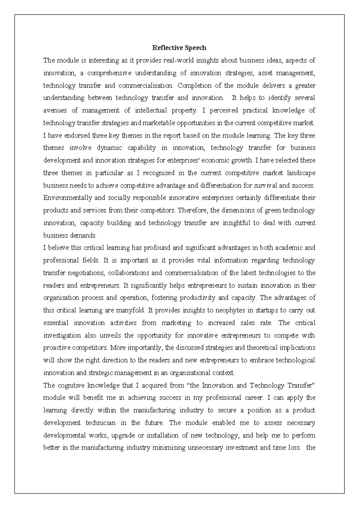 Reflective speech - Reflective Speech The module is interesting as it ...